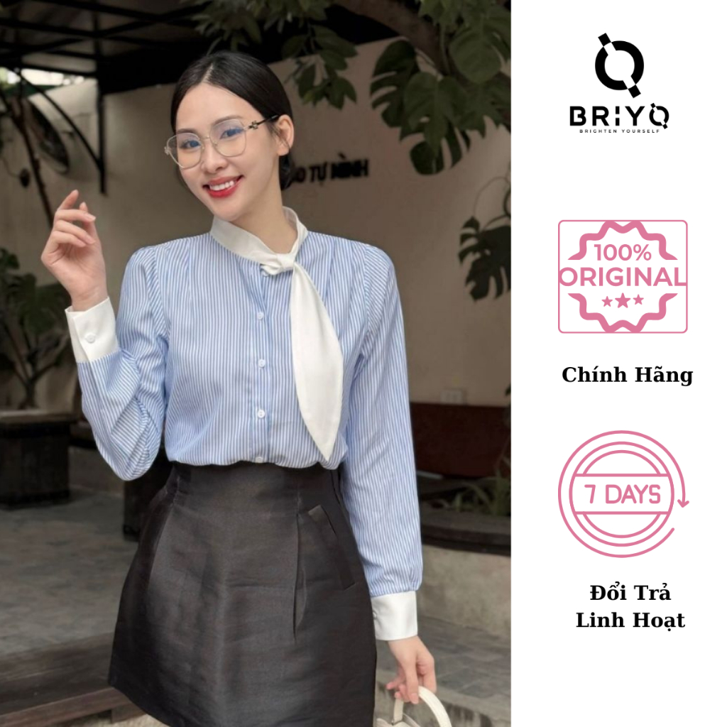Áo sơ mi nữ dài tay cổ trụ phối thành cà vạt điệu đà BRIYO SM43 | Shopee Việt Nam