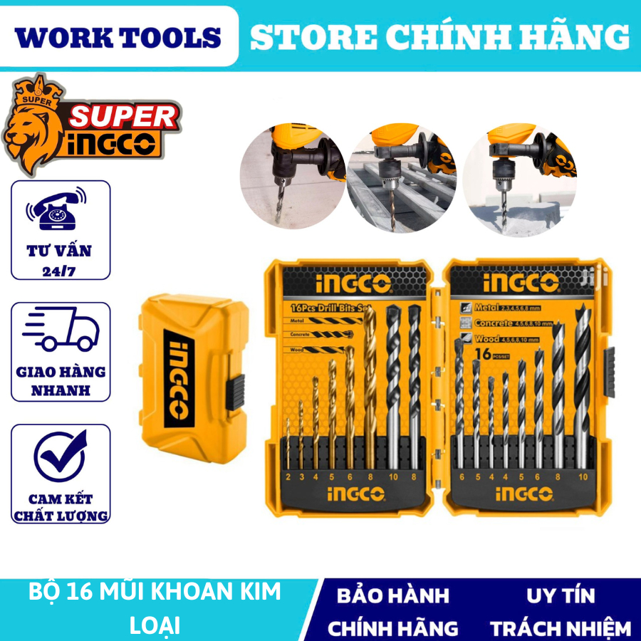 INGCO Bộ 16 mũi khoan kim loại, bê tông và gỗ AKD9165 | Shopee Việt Nam