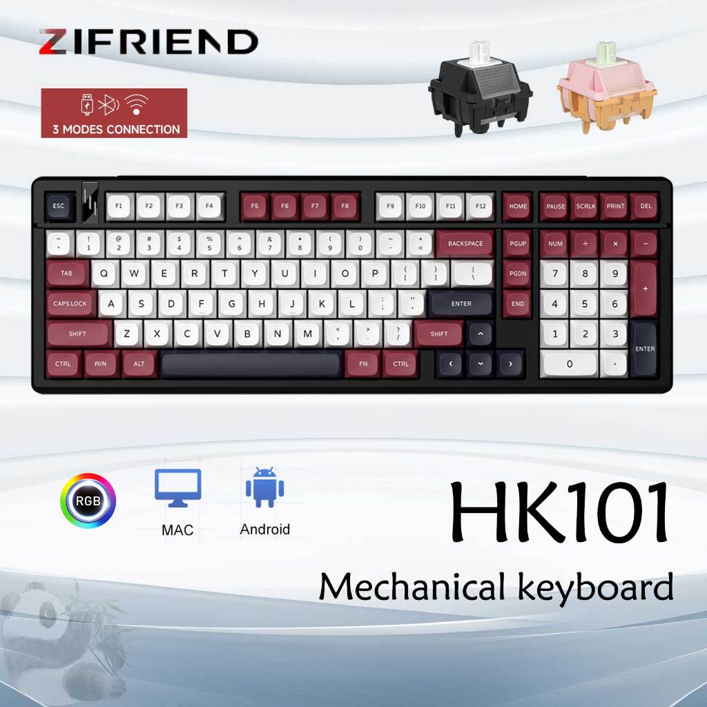 ZIFRIEND HK101 Wireless Mechanical Keyboard RGB Backlit 5PIN HotSwap ...