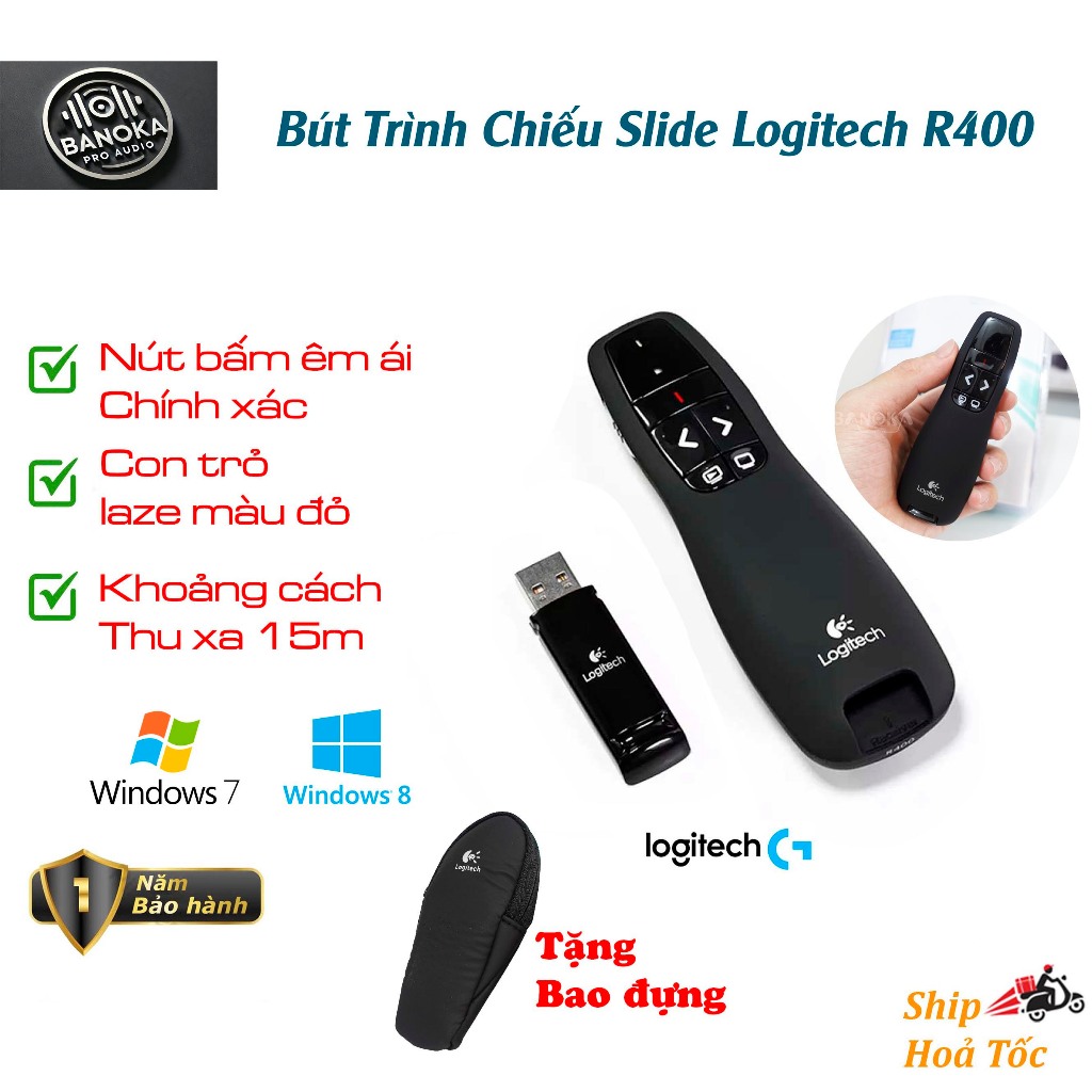 Bút trình chiếu Laser Logitech R400 kết nối không dây USB 2.4 GHz, Nút ...