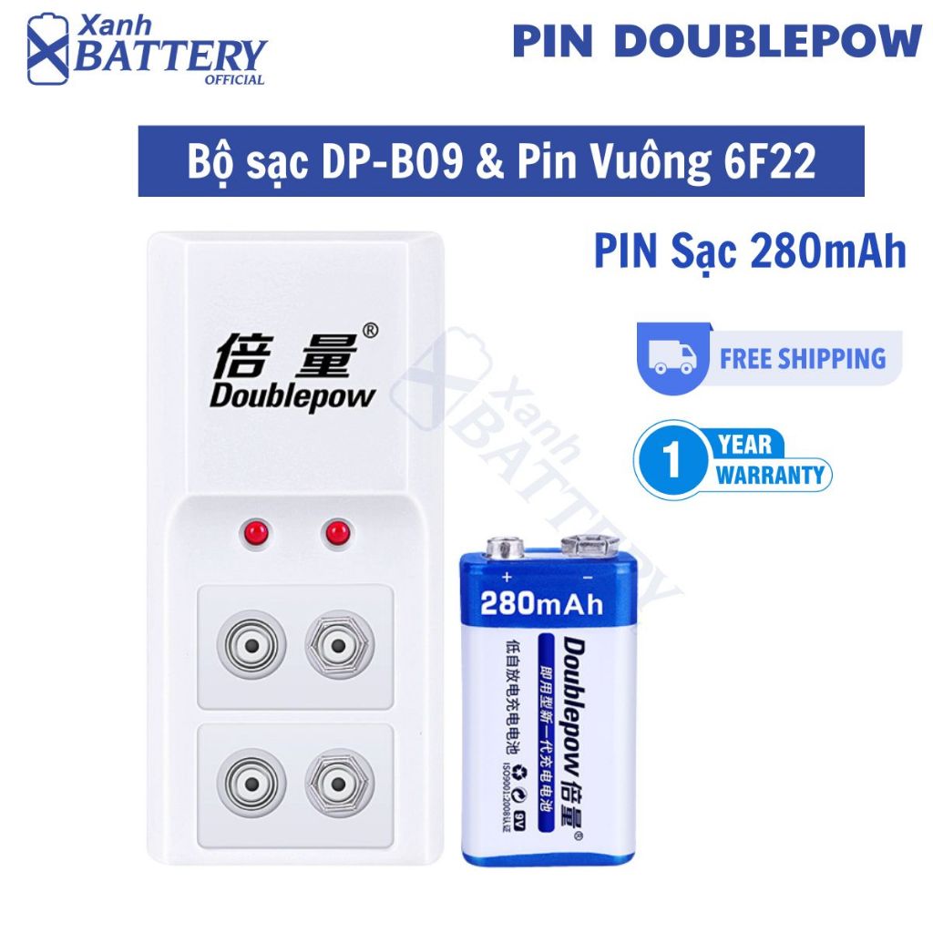 Pin vuông 6F22 9V-280mAh và Bộ sạc pin DP-B09 - chính hãng Doublepow ...