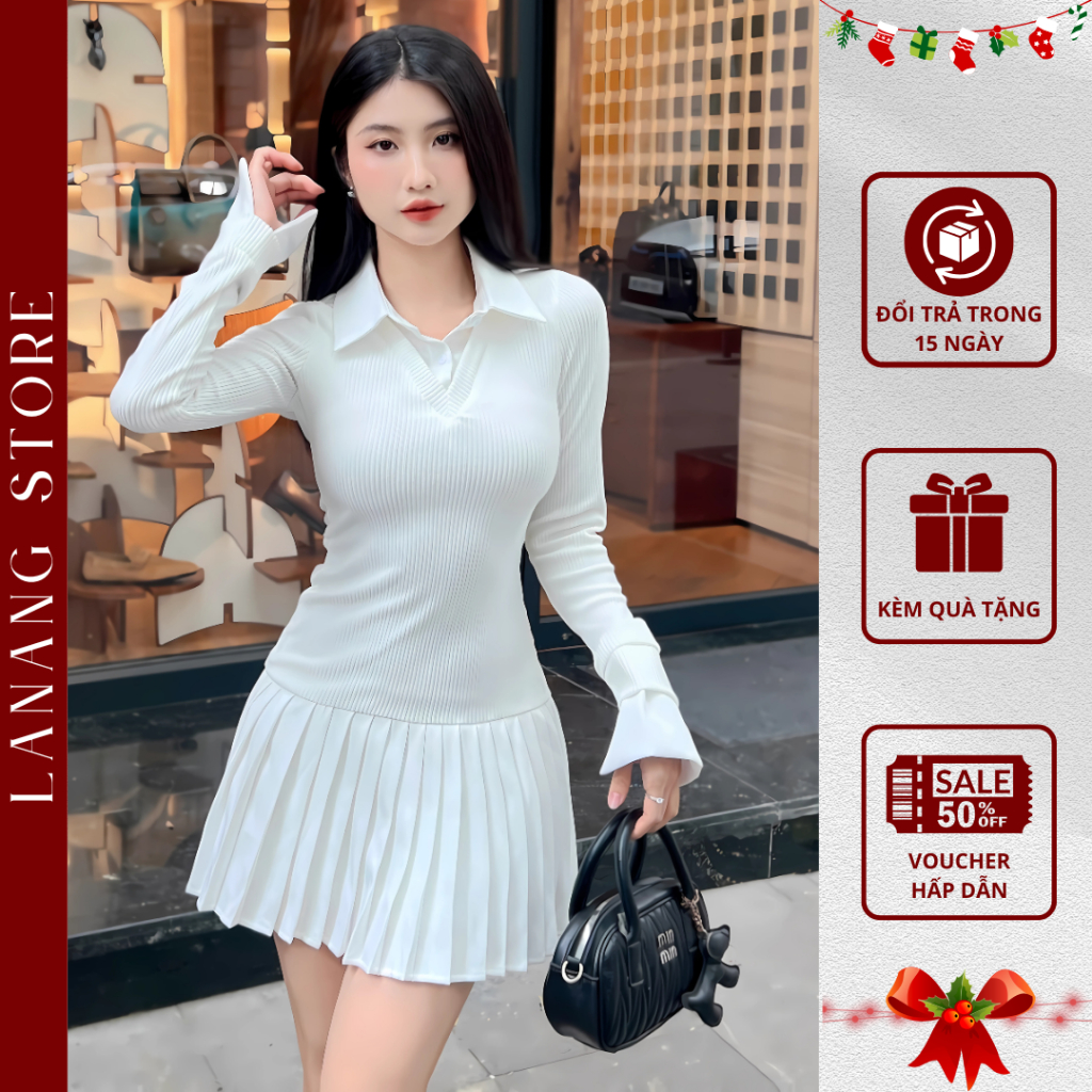 Set váy xếp ly cổ polo tay dài – Outfit tiểu thư phong cách Hàn Quốc LaNang V425 | Shopee Việt Nam