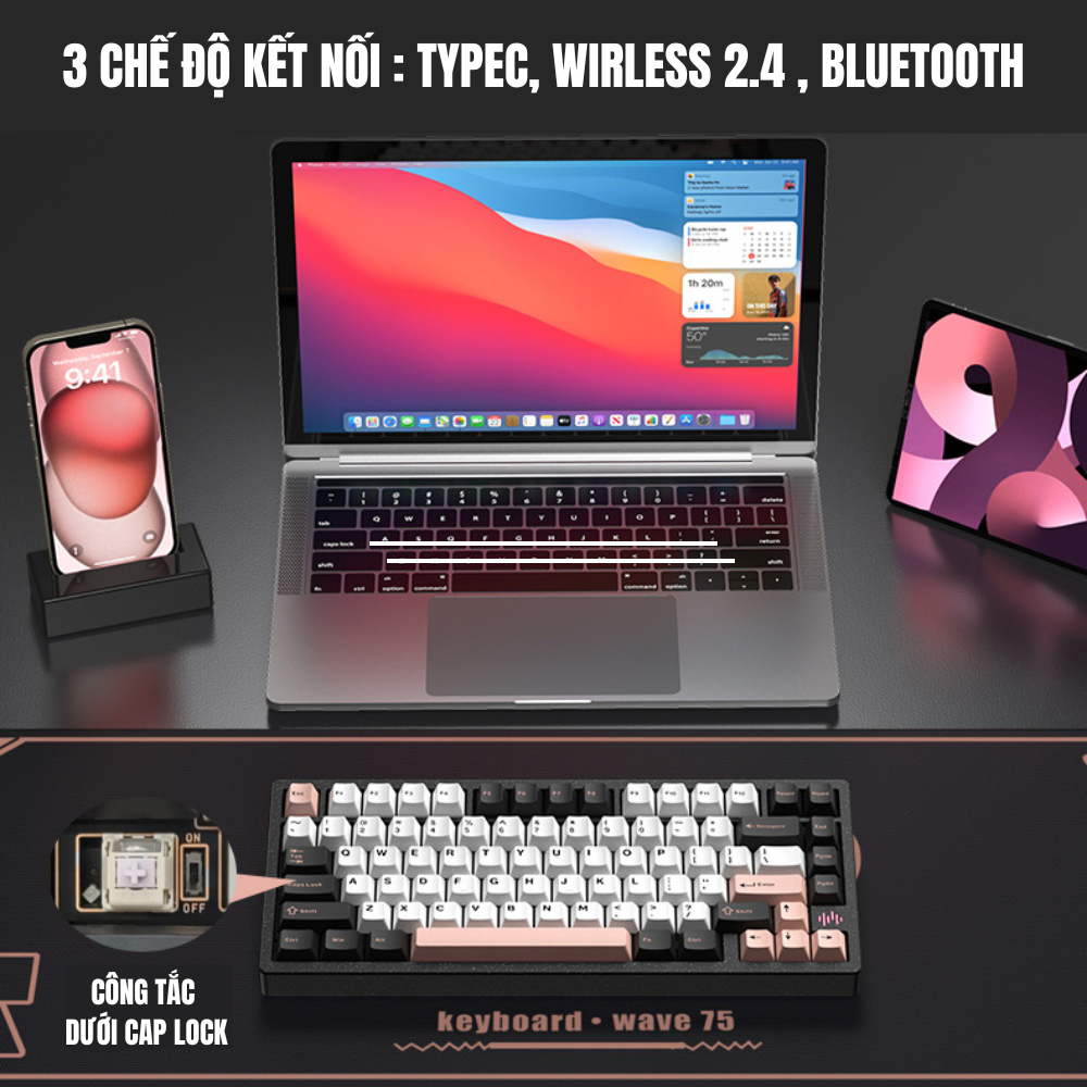 [HÀNG SẴN ] Bàn phím cơ không dây pmo wave 75 | Wave75 nhôm cnc , catch ball , led rgb , hotswap ...