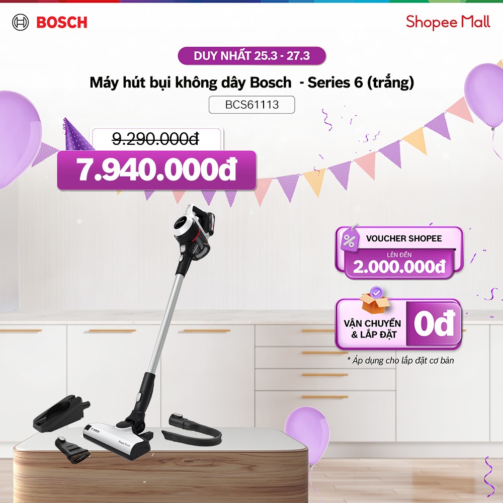 [04-06.04] Voucher Shopee 2TR | Máy hút bụi không dây Bosch BCS61113 - Series 6 (trắng đen ...