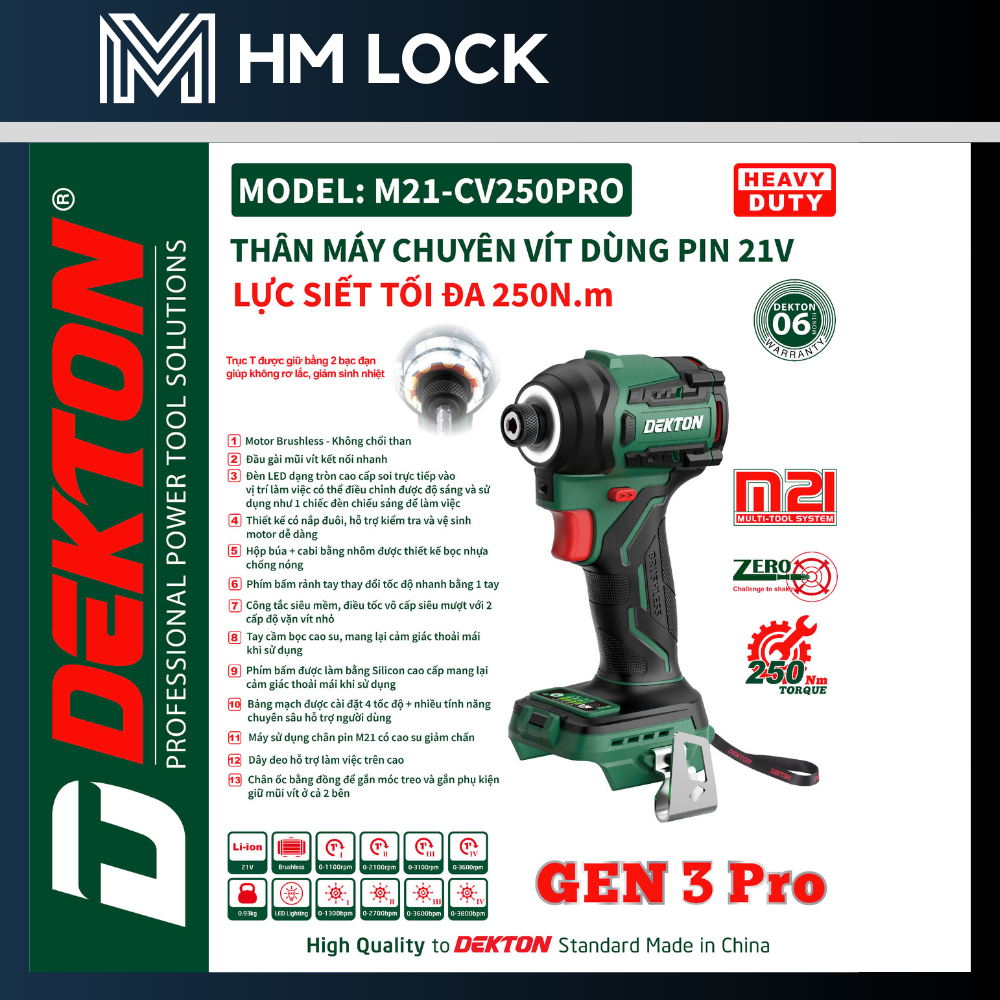 [NEW] THÂN MÁY CHUYÊN VÍT 21V / 250N.M DEKTON M21-CV250PRO - GEN 3 PRO / BRUSHLESS / LED / 4 CẤP ...