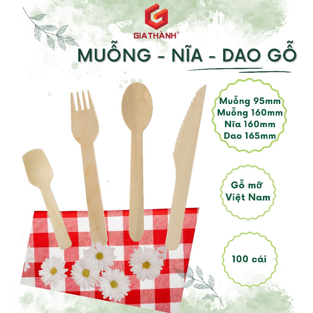 Muỗng - Nĩa - Dao Gỗ dùng 1 lần, ăn sữa chua, bánh, trái cây, cơm, mỳ ...
