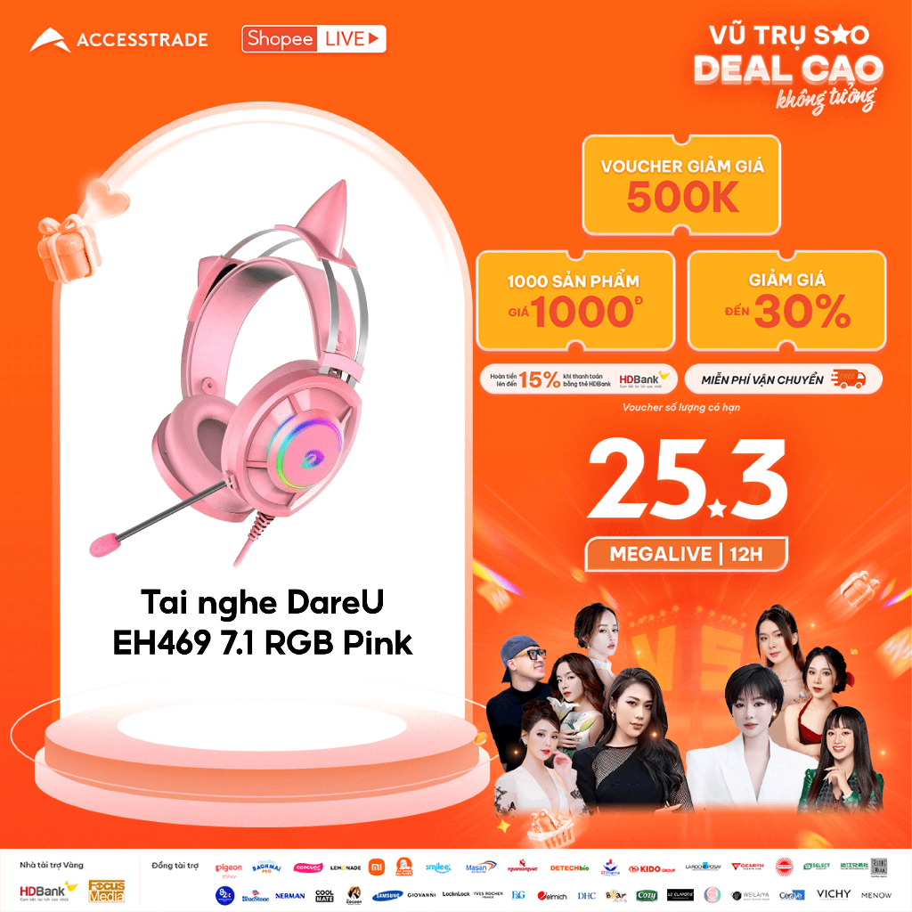 Tai nghe DareU EH469 7.1 RGB Pink Tai Mèo - Da Mềm - Giả lập âm thanh 7 ...