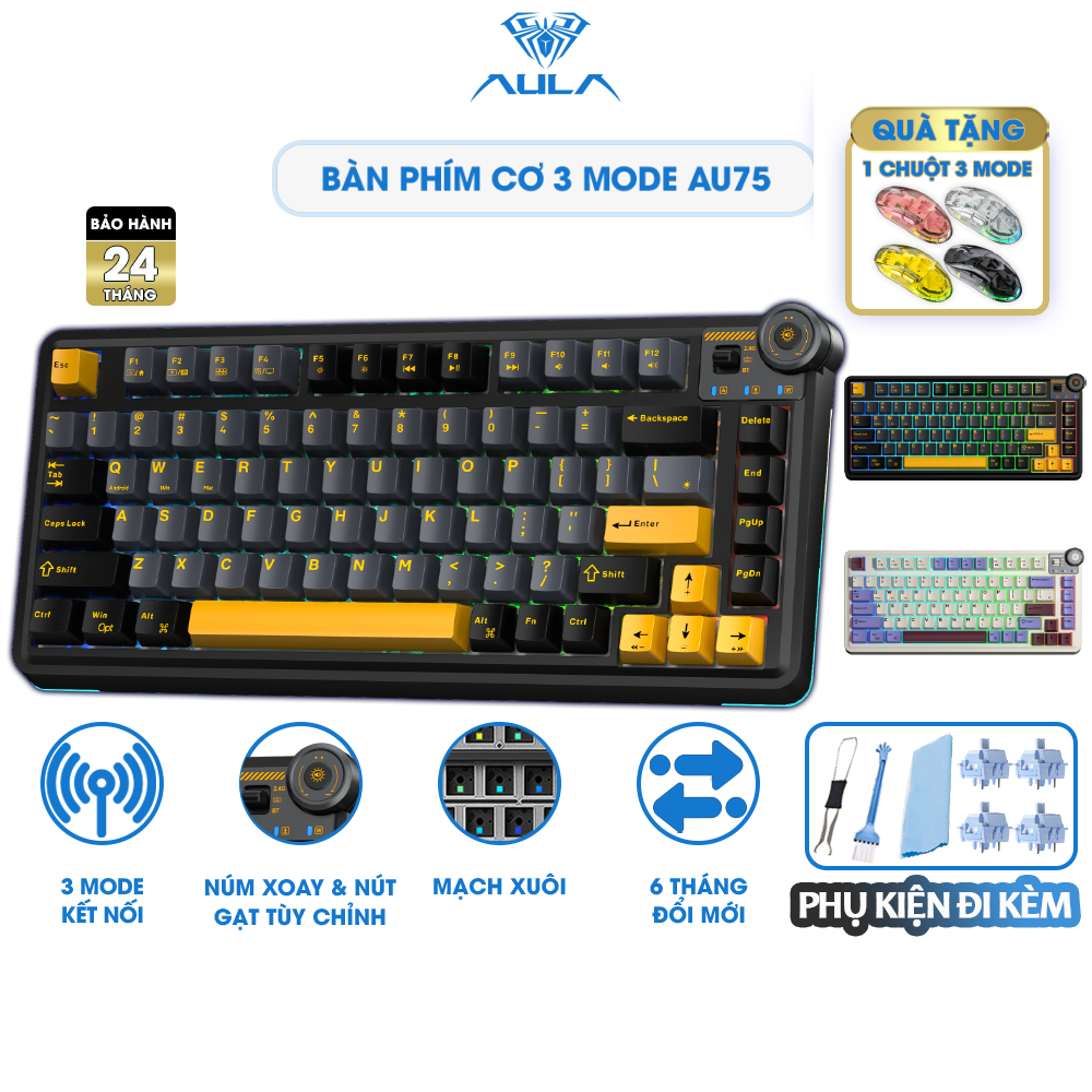 Bàn Phím Cơ Không Dây Núm Xoay AULA AU75 Gaming Hotswap 5 Pin 3 Mode Kết Nối Bluetooth Led Viền ...