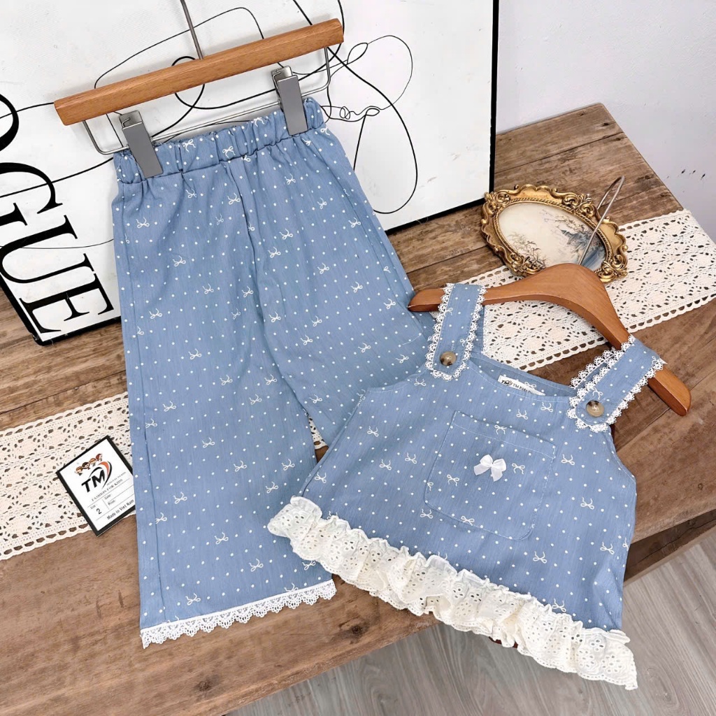 Set hè cho bé gái. Chất jeans mềm phối ren xinh xắn. Mặc nhà hay đi chơi đều được 9-28kg [Poba ...