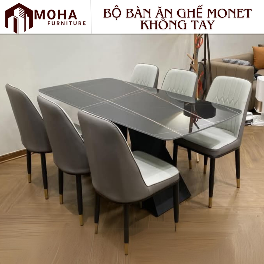 BỘ BÀN ĂN GHẾ MONET – BÀN ĂN MẶT ĐÁ CERAMIC CHÂN NGUYÊN KHỐI + GHẾ DA ...