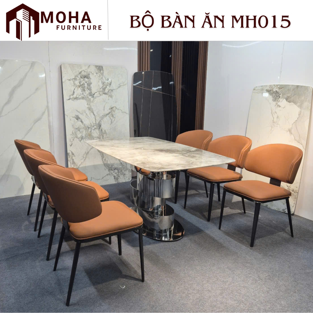 [BỘ BÀN ĂN GHẾ MH015] – BÀN ĂN MẶT ĐÁ VI TINH THỂ CHÂN INNOX + GHẾ DA ...