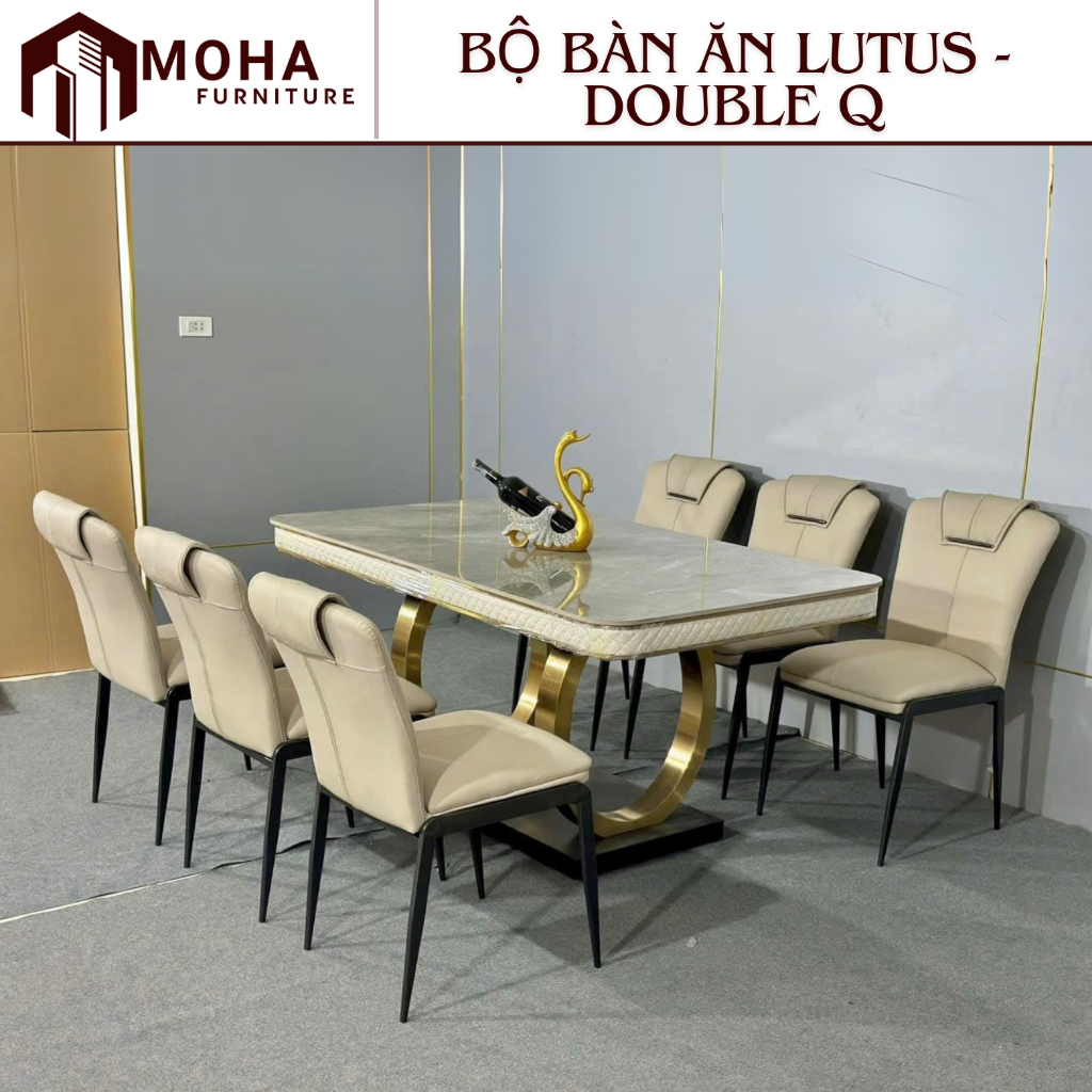 [BỘ BÀN ĂN GHẾ lUTUS – BÀN ĂN MẶT ĐÁ CERAMIC CHÂN DOUBLE + GHẾ DA PU ...