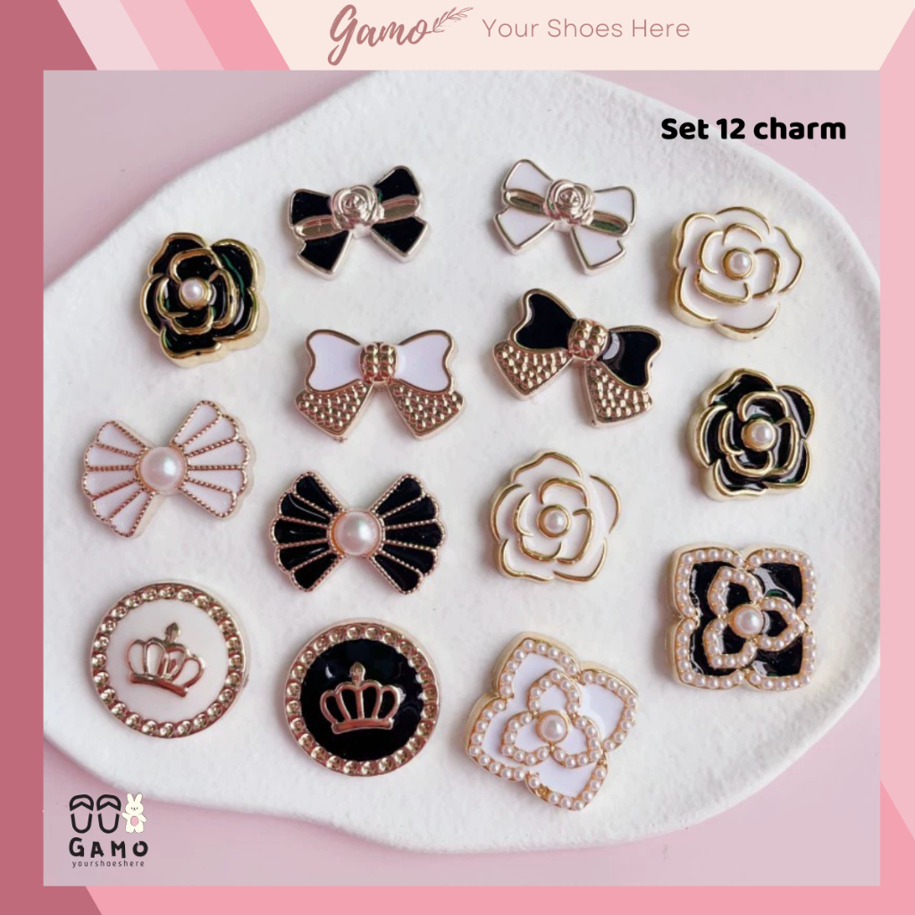Bộ 12 Sticker, Charm 3D chủ đề Nơ hoa hồng nhựa cứng gắn Dép Cross, Dép ...