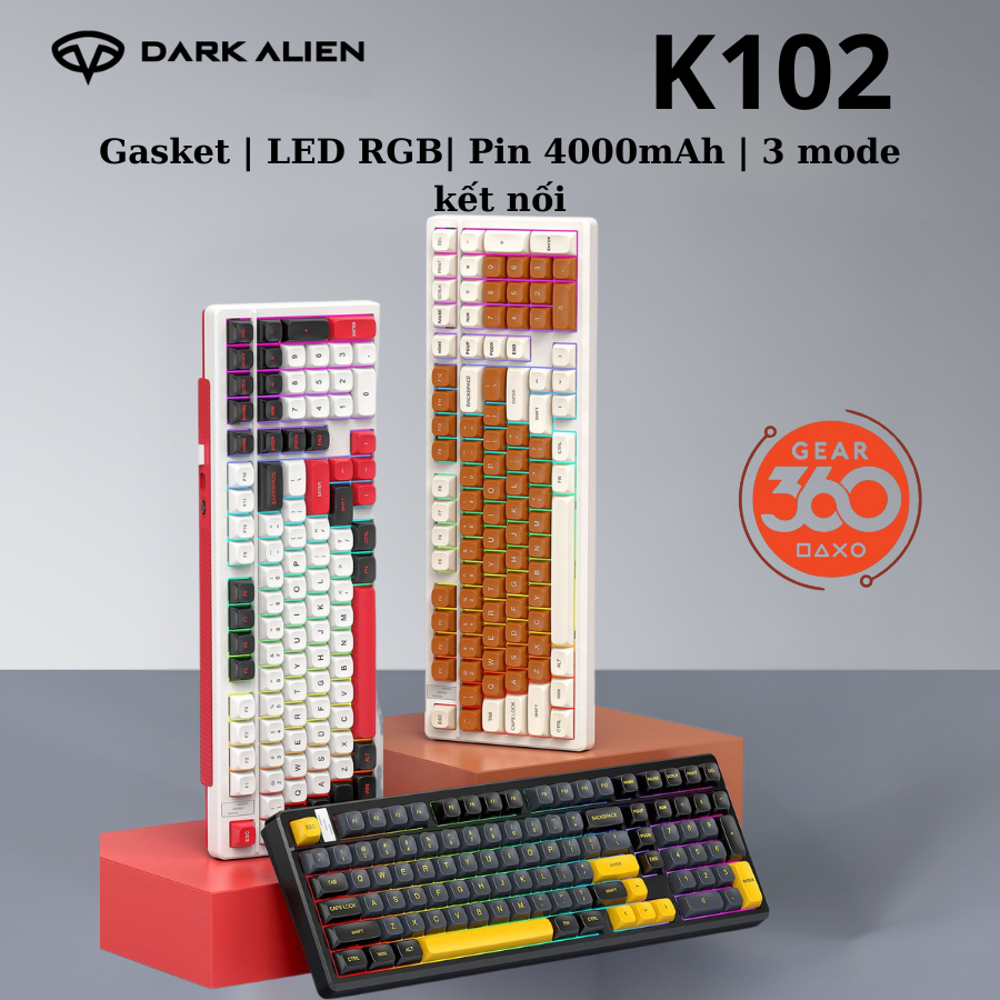 Bàn phím cơ Hotswap Dark Alien K102 - LED RGB mạch xuôi - 3 chế độ kết nối - Hỗ trợ không dây ...