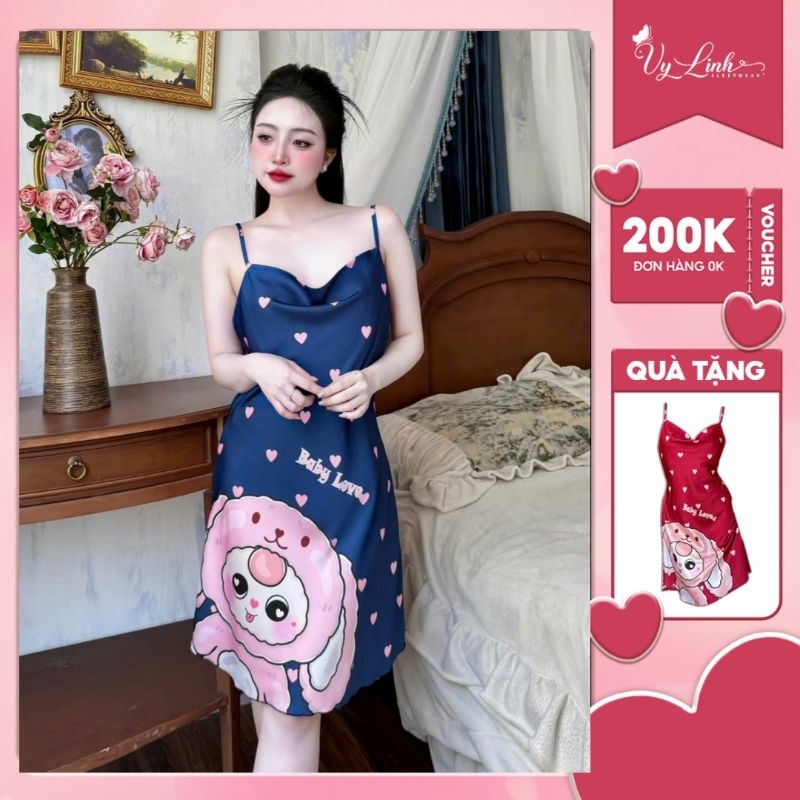 Đầm ngủ dây cổ đổ Vy Linh chất liệu lụa latin họa tiết 3D xinh xắn ...