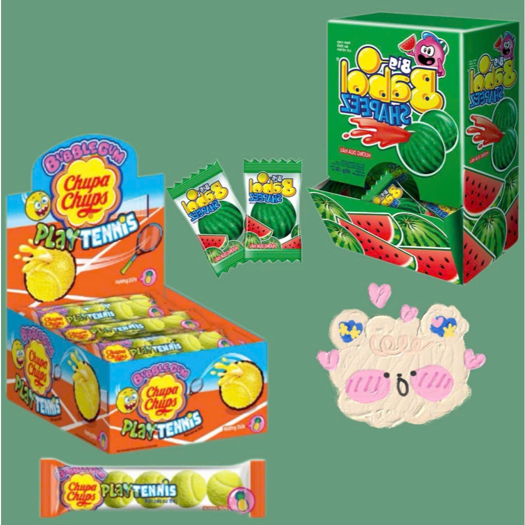 Hộp Kẹo cao su gum thổi có nhân bên trong Chupa Chups Big Babol hình dáng Dưa Hấu, Trái banh ...