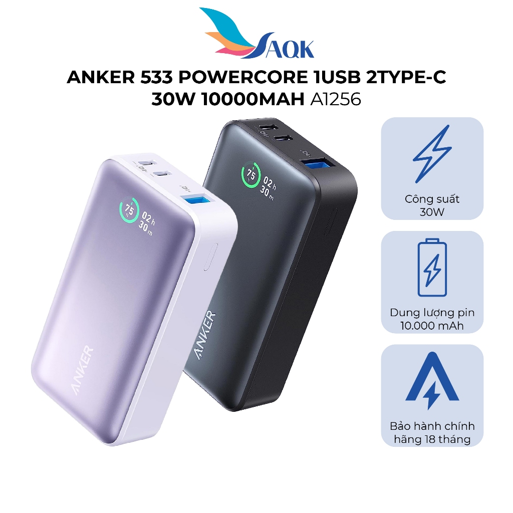Sạc dự phòng Anker 533 PowerCore 1USB 2Type-C 30W 10000mAh A1256 - Hàng chính hãng | Shopee Việt Nam