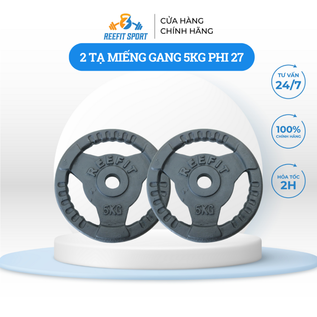 Bộ 2 tạ miếng gang tạ bánh gang 3 lỗ Reefit 5kg màu đen (gồm 2 miếng ...