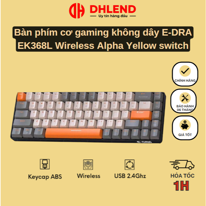 Bàn phím cơ gaming không dây E-DRA EK368L Wireless Alpha Yellow switch ...
