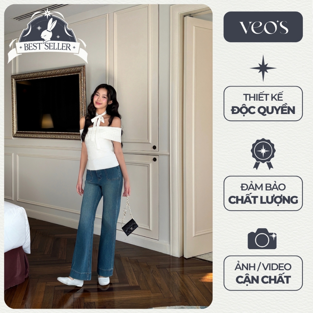 Quần Jeans Thiết Kế Veo's Ống Loe Cạp Cao Dáng Dài Màu Xanh Đậm & Xanh ...