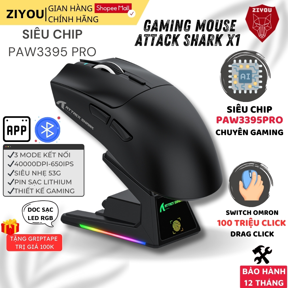 Chuột Gaming Không Dây Ziyou Attack Shark X1 Siêu Nhẹ 53g Chip PAW3395 ...