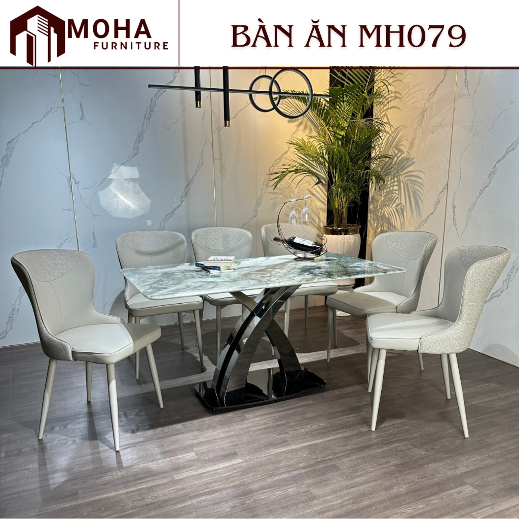 BỘ BÀN ĂN GHẾ MH - 039 – BÀN ĂN MẶT ĐÁ VI TINH THỂ CHÂN INNOX + GHẾ DA ...