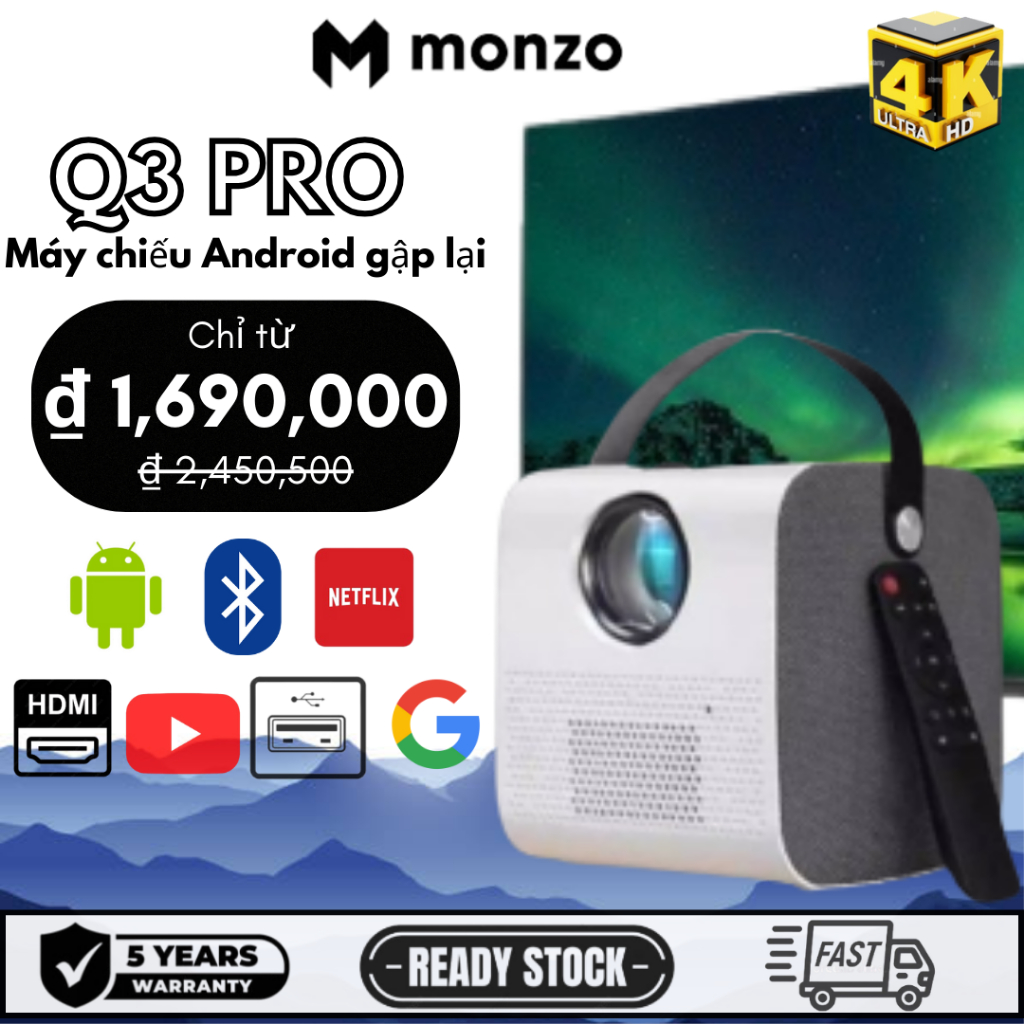 2025 MỚI Máy chiếu Q3 Pro Android Projector WIFI LED LCD 4K HD 1080p ...
