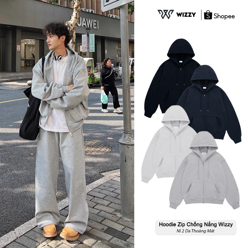 Áo Khoác Hoodie Zip WIZZY Nỉ 2 Da Chống Nắng 2 Lớp Form Rộng Double ...