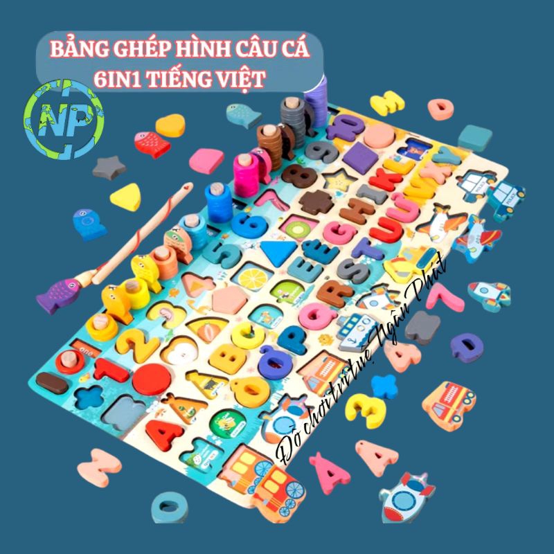 Bảng Câu Cá gỗ 7 trong 1 TIẾNG VIỆT Ghép Hình Học, Chữ Số, Chữ Cái, Phương Tiện Phát Triển Trí ...