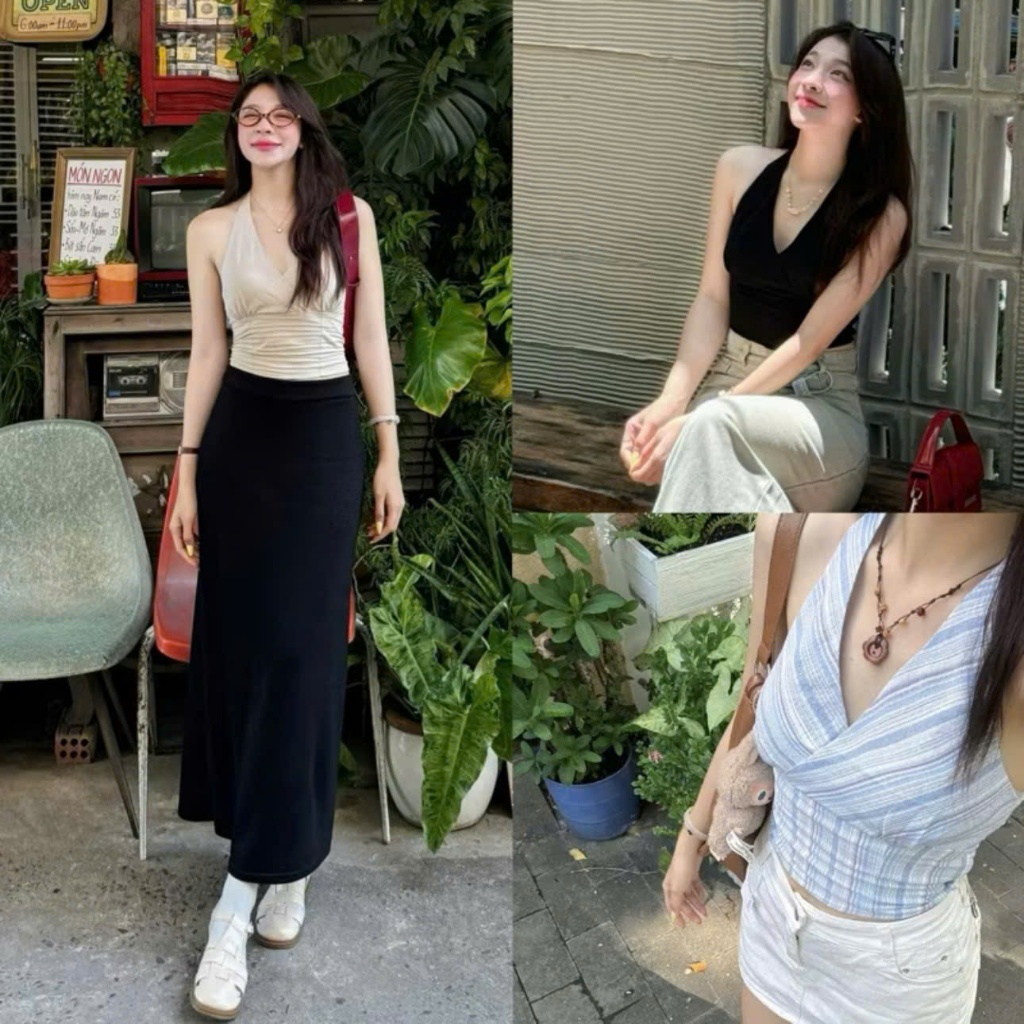 Áo croptop linen cổ yếm cột dây basic trẻ trung phong cách Calina ...