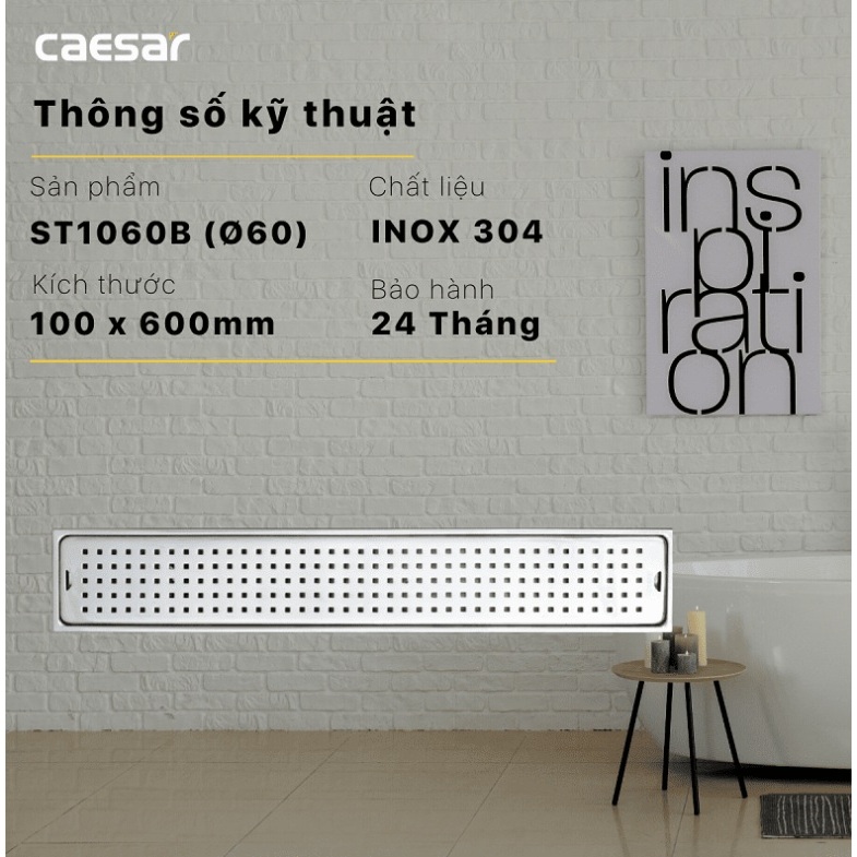 Phễu thoát sàn 60cm chính hãng Caesar ST1060B mặt 10x60cm D60 Inox304 thoát nước nhanh chống hôi ...