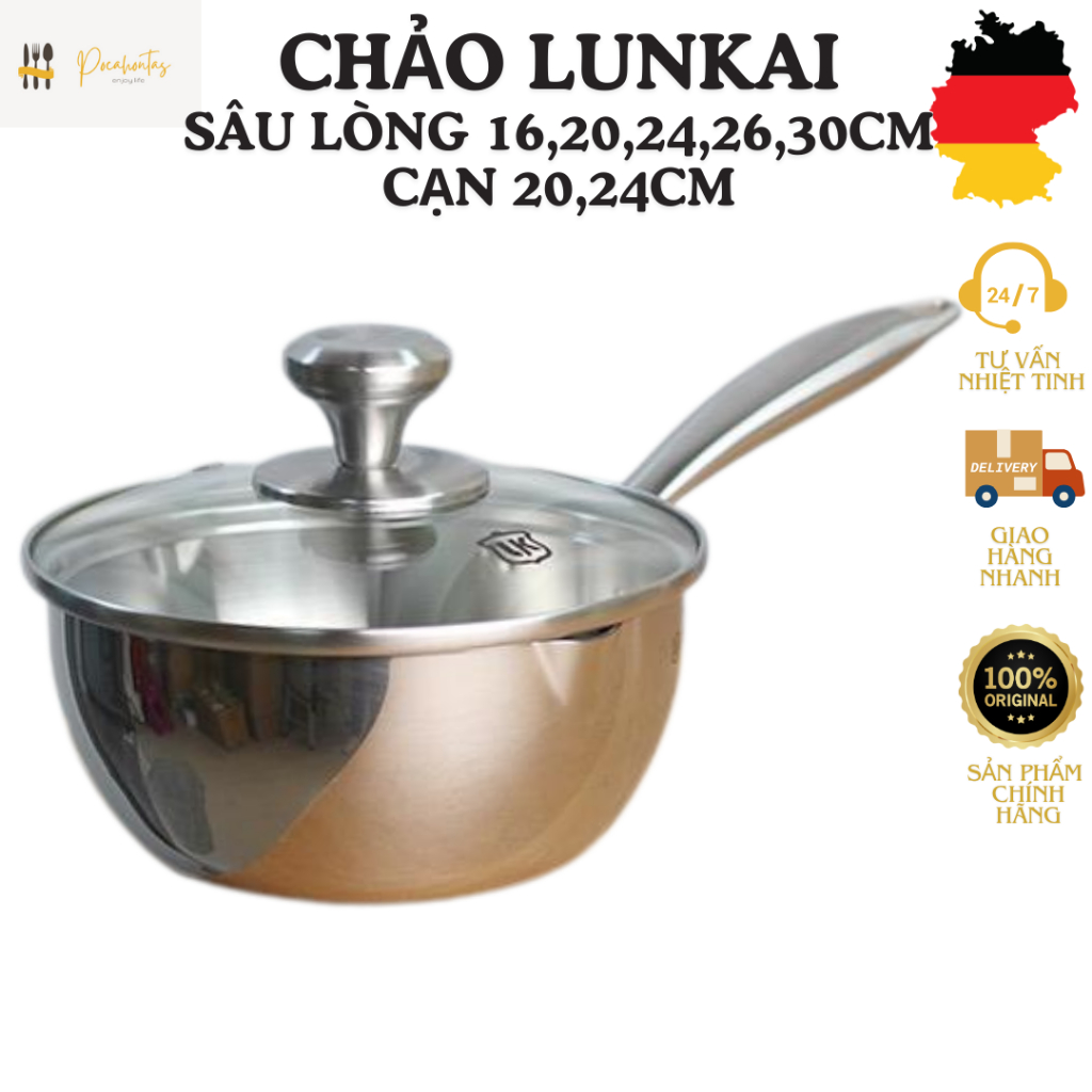 Chảo inox cạn và sâu lòng LUNKAI, chảo sâu lòng kèm vung size 16,20,24 ...