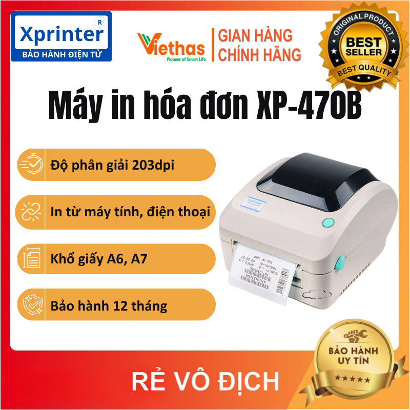 VIETHAS-Máy in mã vạch Xprinter XP- 470B kết nối điện thoạ i/ máy tính in đơn hàng SP, các sàn ...