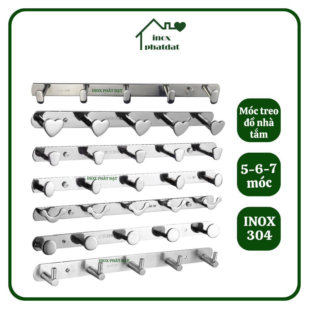 Móc treo đồ nhà tắm Inox 304 PHÁT ĐẠT (5,6,7 móc) không rỉ sét, Móc áo inox, giá treo inox ...