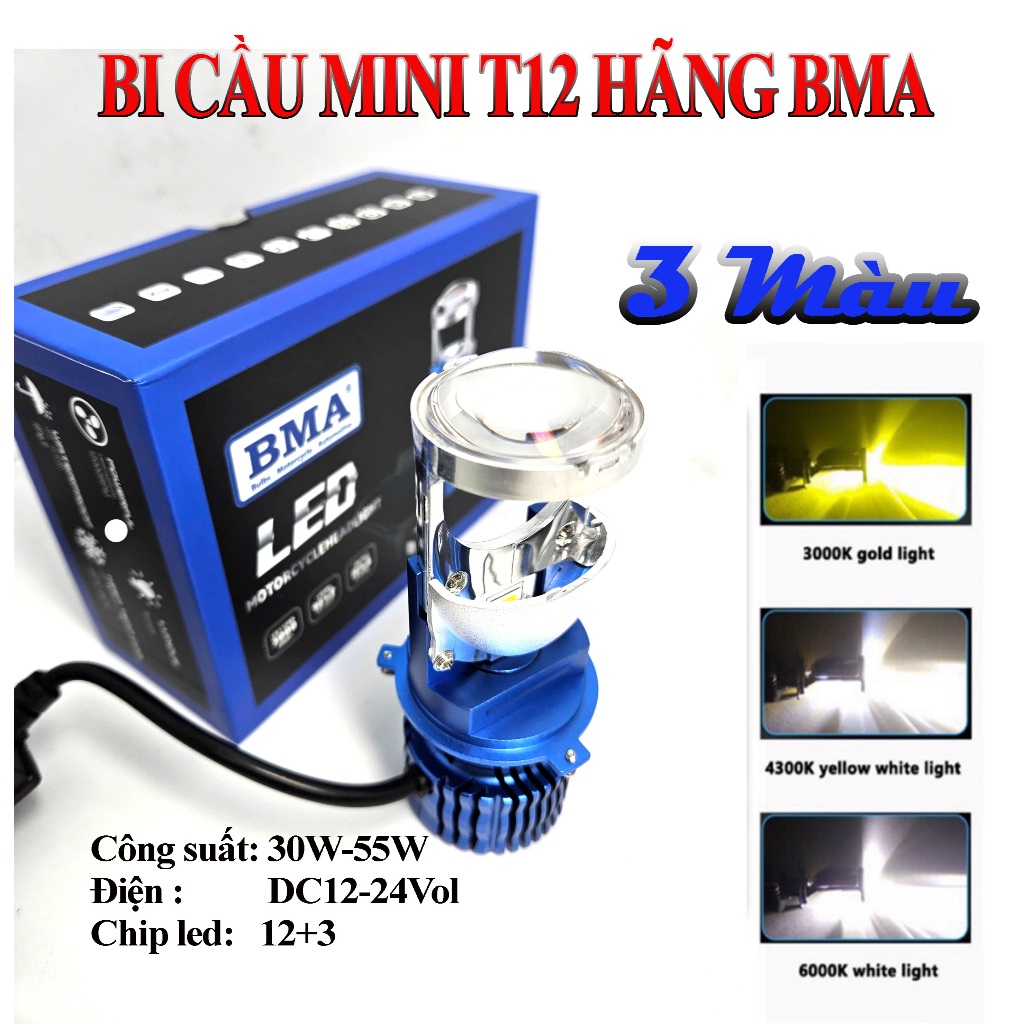 [ CHÍNH HÃNG BMA] Đèn pha LED cao cấp T12 3 MAU -H4 cho Ô tô, xe máy. Ánh sáng RỘNG, đường cắt ...