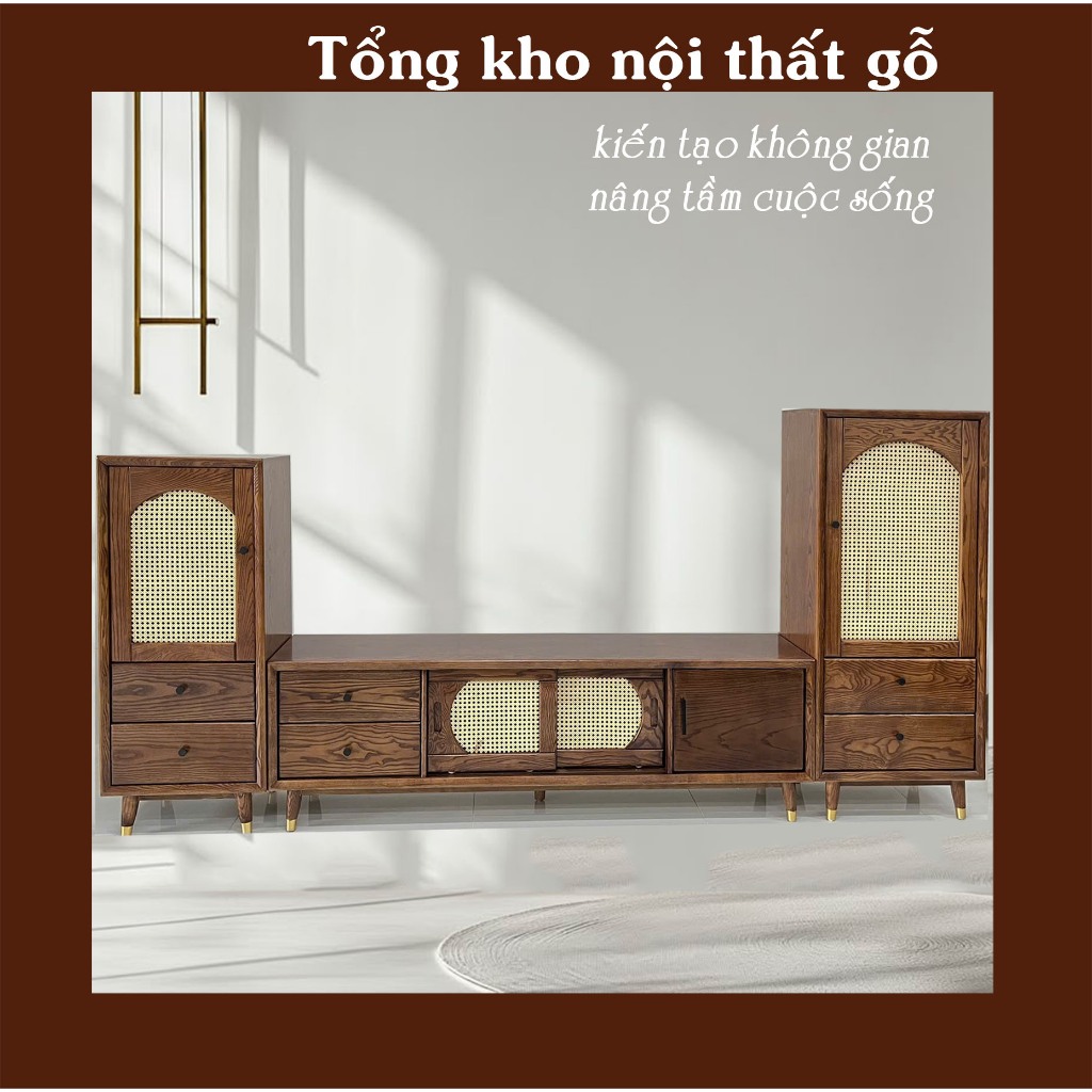 Kệ tivi gỗ sồi phối mây phong cách vintage, tách sét từng tủ lẻ, đa ...