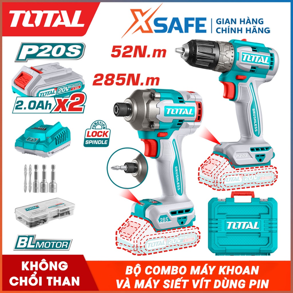 Bộ combo máy khoan và máy siết vít không chổi than dùng pin 20V TOTAL ...