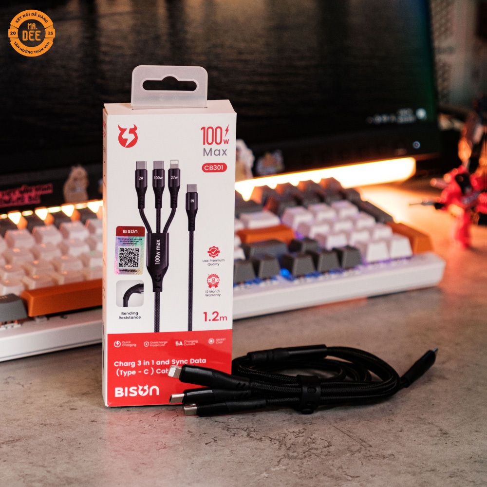 Dây Sạc Đa Năng BISON Chính Hãng 3 in 1 USB to M+L+C 100W 1.2m CB301 ...