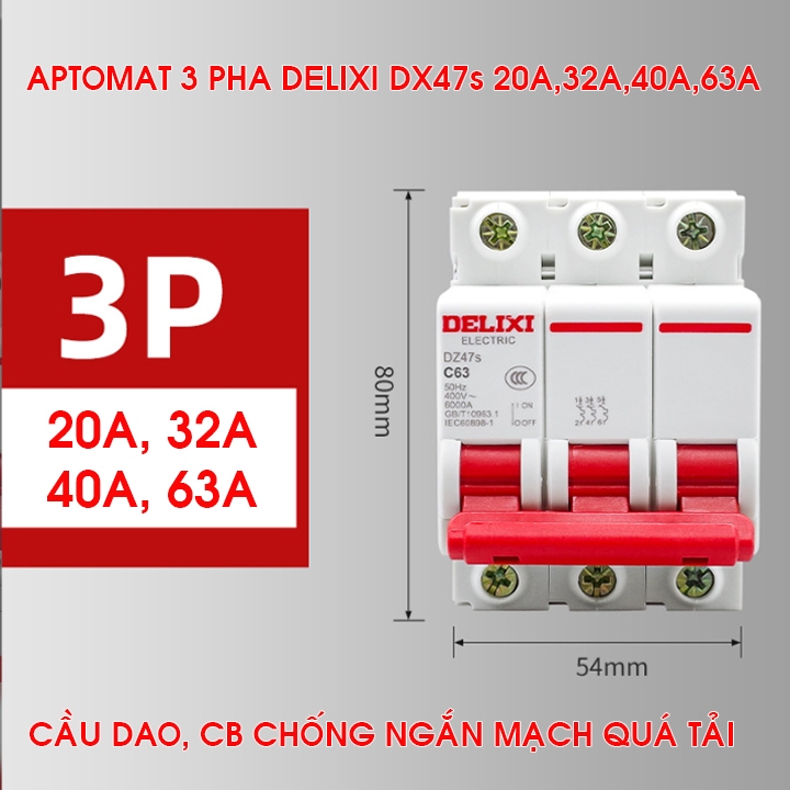 Bộ Aptomat MCB 3 Pha DELIXI DZ47s-63: 20A, 32A, 40A, 63A Dòng Cắt 6kA Hàng chính hãng DELIXI ...