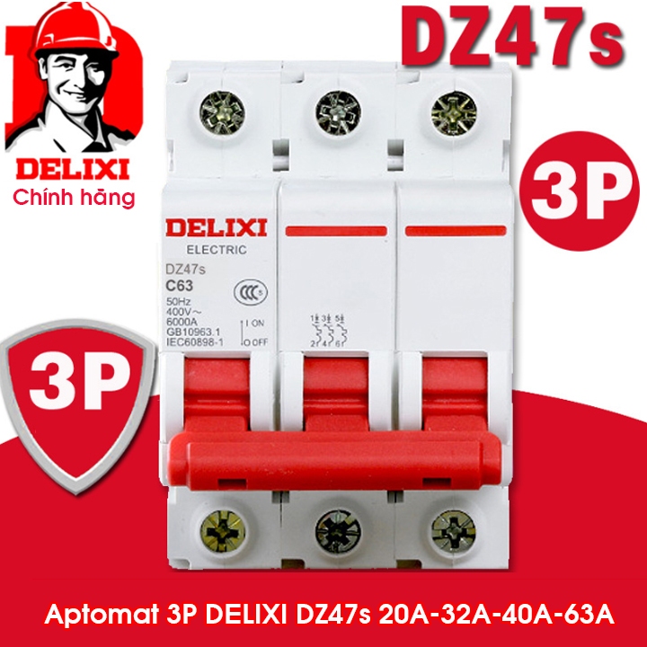 Aptomat 3P MCB 3 Pha DELIXI DZ47s-63: 20A, 32A, 40A, 63A Dòng Cắt 6kA át tô mát chống quá tải ...