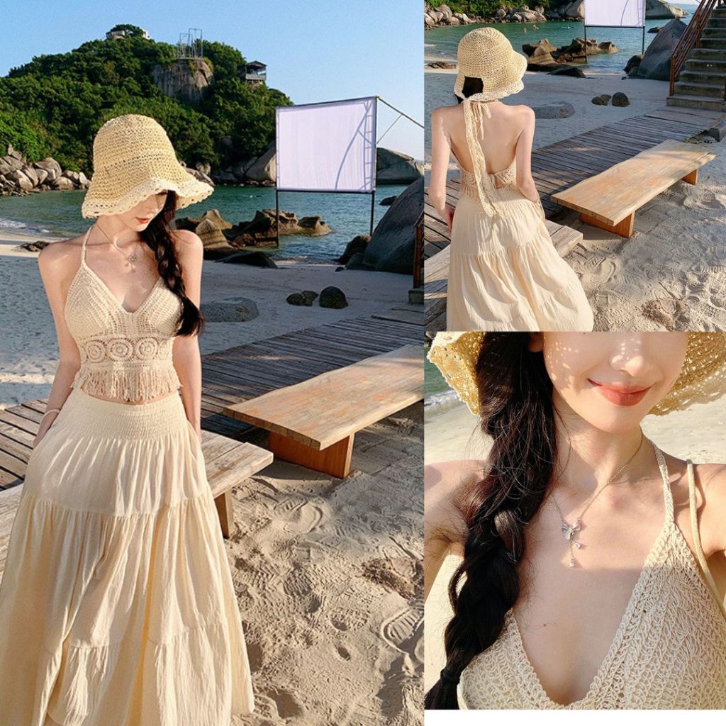 「ADELIA」Set Váy Áo Lưới Maxi Đi Biển Màu Be Xinh Nhẹ Nhàng SP73 ...