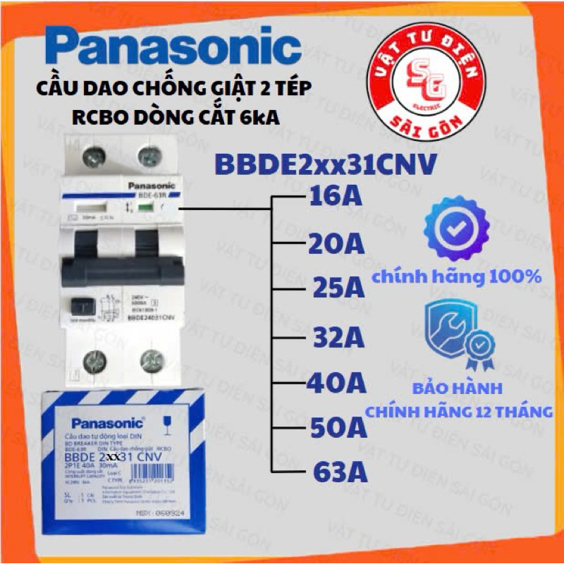 (Panasonic) Cầu dao CB chống giật RCBO 2P 2 pha 2 tép 20A 25A 32A 40A 50A 63A Panasonic Chính ...