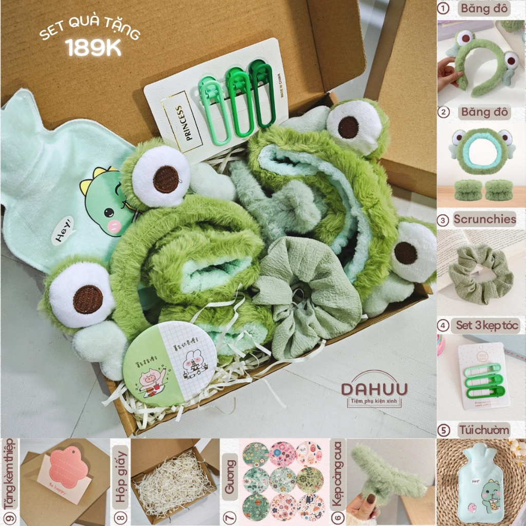 Quà tặng bạn gái tone xanh lá dễ thương DAHUU set quà tặng phụ kiện tóc ...