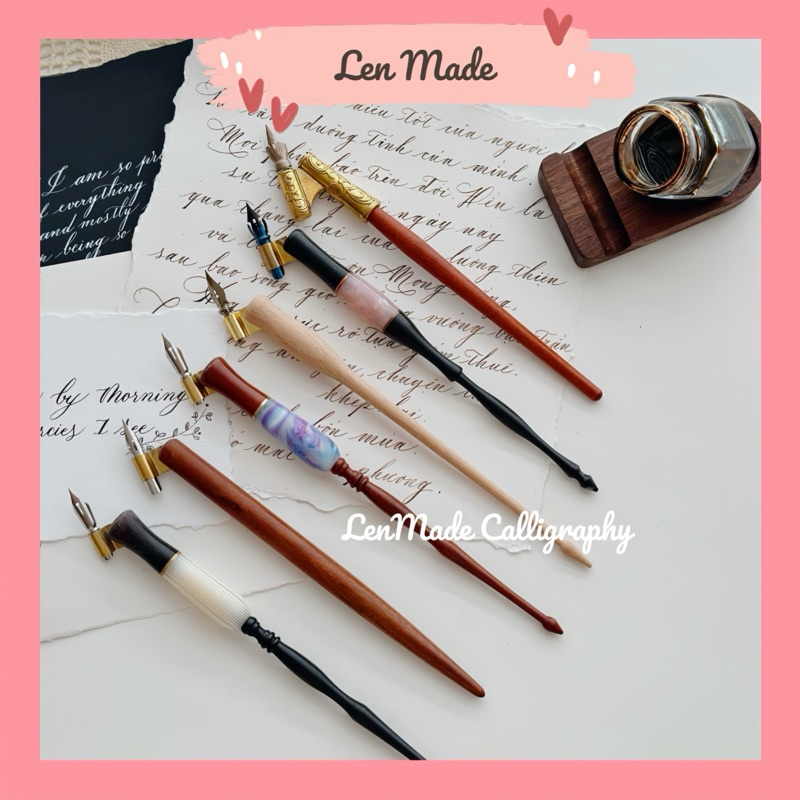 Quản chéo gỗ khảm đá cao cấp ngòi Calligraphy Leonardt Hiro mực luyện ...