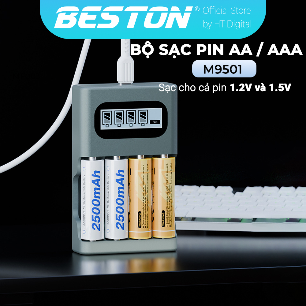 Bộ sạc pin AA AAA cho pin Ni-MH 1.2V và pin Lithium 1.5V mẫu mới Beston ...