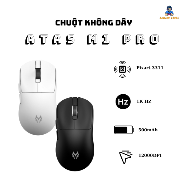 Chuột gaming không dây ATAS M1 PRO - 3 mode - PAW 3311 - Pin 500mAh - Có app - DPI 12000 ...