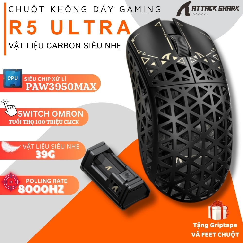 Chuột Gaming Attack Shark R5 Ultra - Siêu Nhẹ 39g, Polling 8KHz, PixArt ...