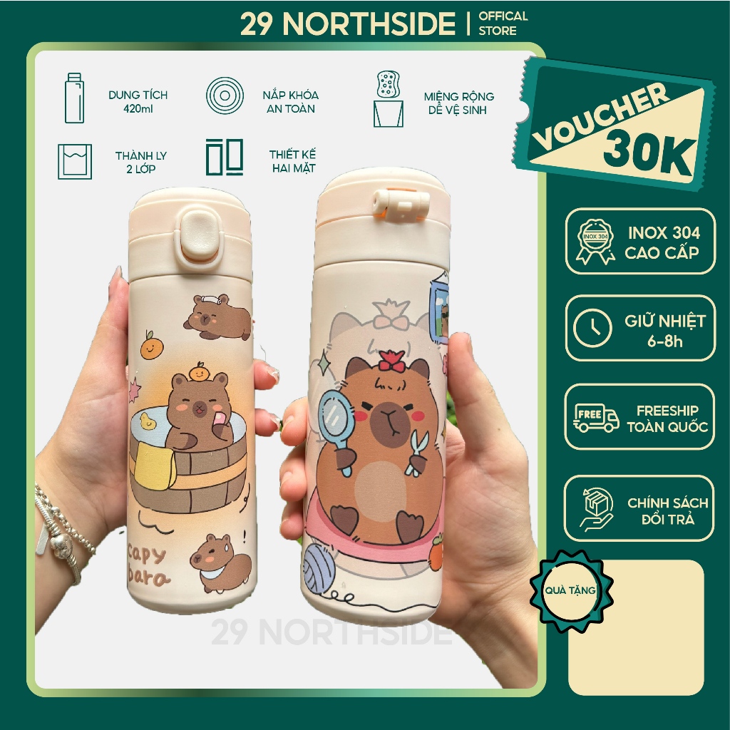 29NS- Ly giữ nhiệt Capybara Chất Liệu Inox 304 Cao Cấp 420ML, Bình Giữ Nhiệt ShinChan Có Nắp Bật ...