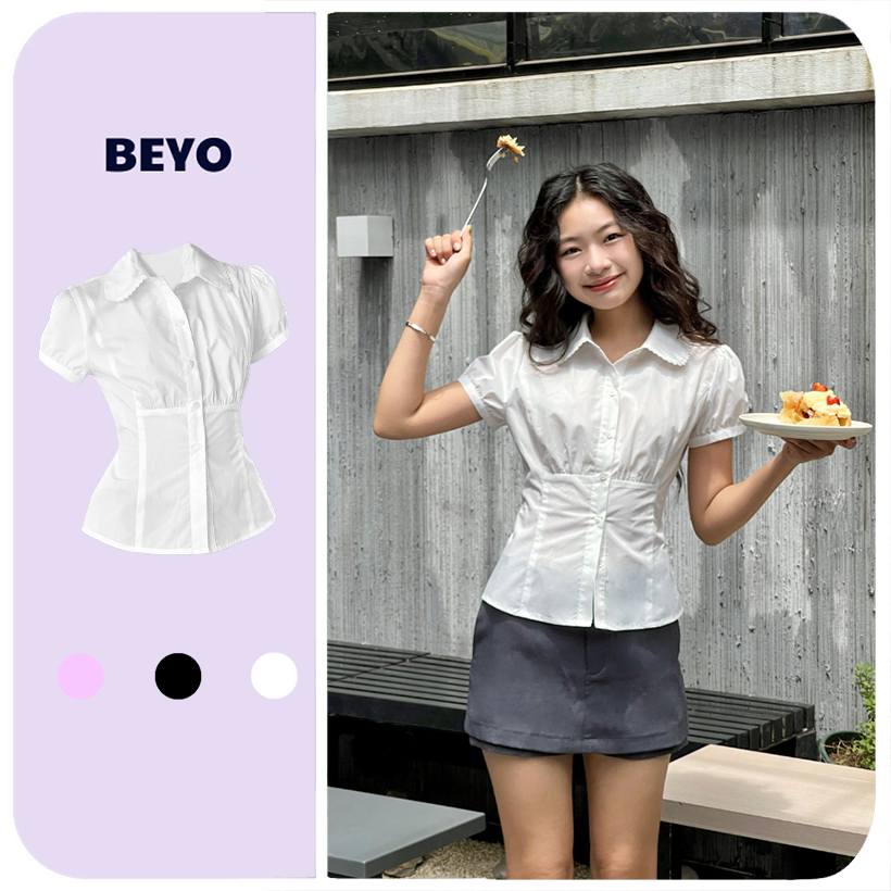 Áo sơ mi nữ tay ngắn cổ phối ren Beyo sơ mi nữ croptop chiết eo dây cột ...