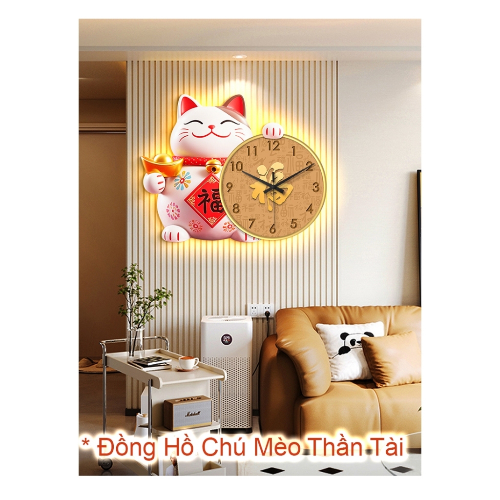 Tranh Đồng Hồ Chú Mèo Phúc Lộc May Mắn treo tường phòng khách, phòng ngủ, phòng trà nơi làm việc ...